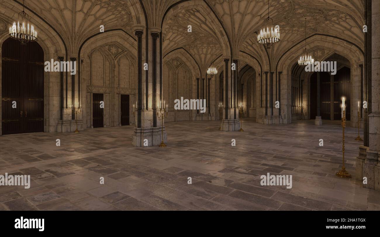 3D illustration fantasy medieval great hall in the castle Stock Photo ...