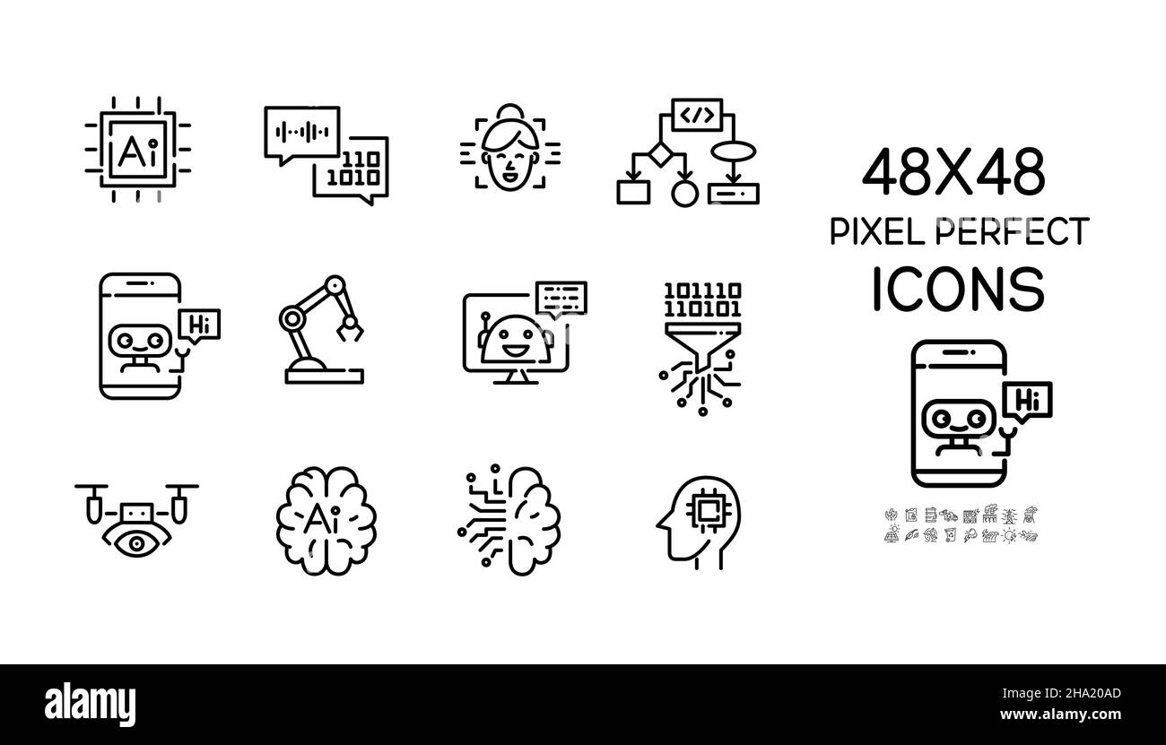 Artificial intelligence icons set. Big data, machine vision and learning, voice and face ...
