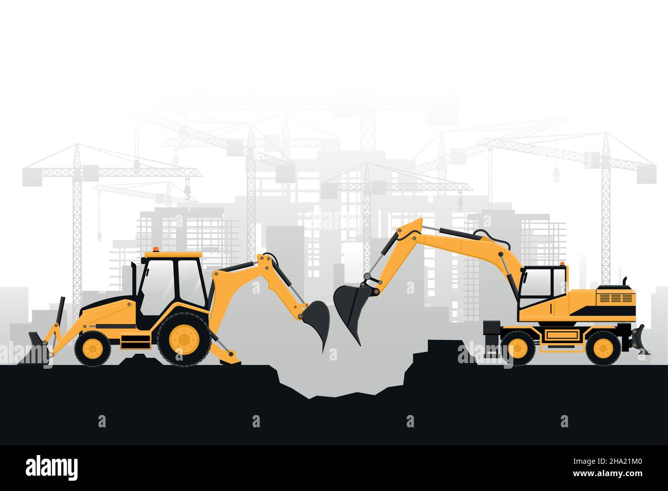 Heavy machinery of backhoe and excavator on wheels with gray background ...