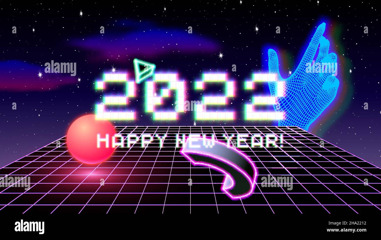 2022 New Year sign with glitched glowing pixels and abstract 90s styled composition of 3D shapes ...