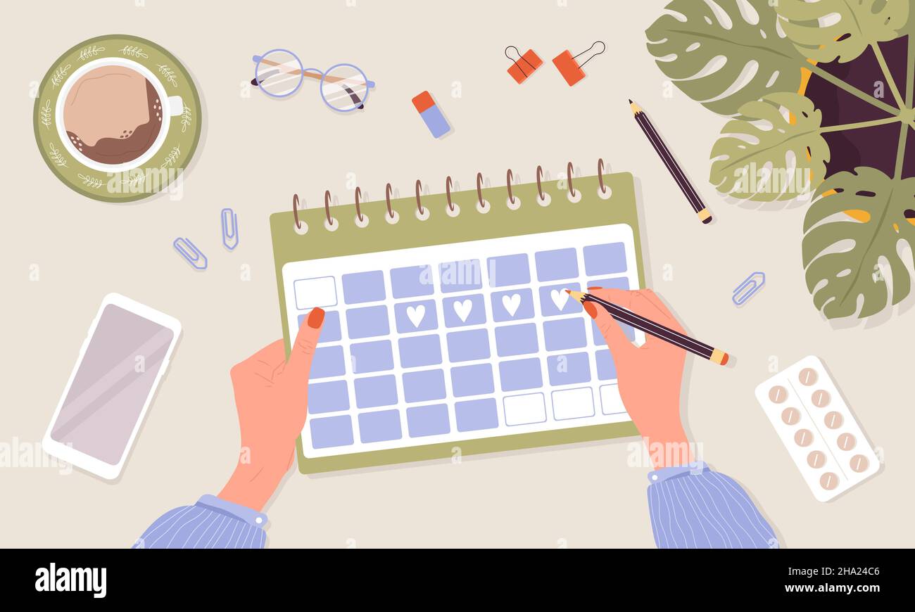 Woman period. Girl check menstruation calendar shedule. Top view ...