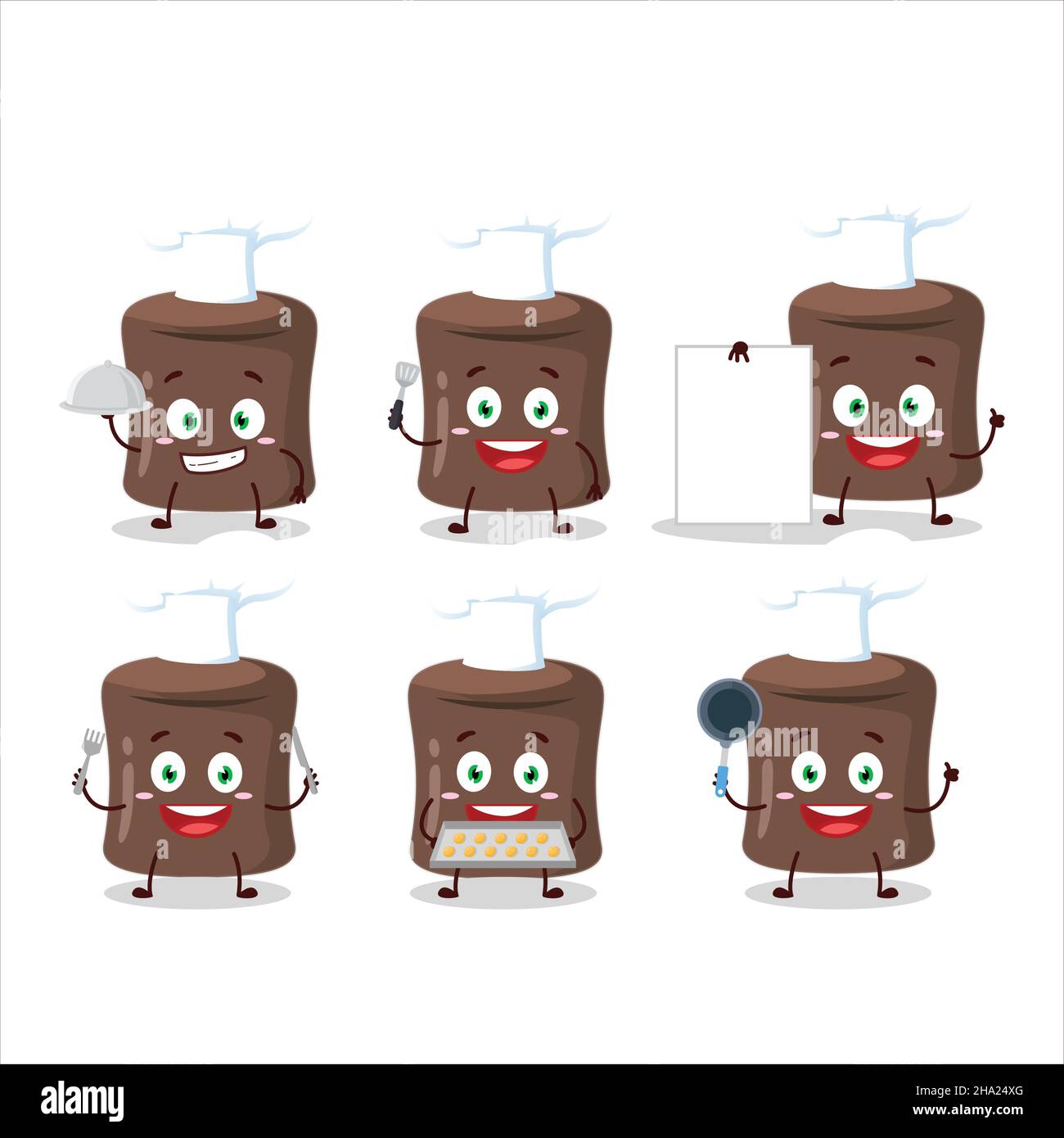 Cartoon character of chocolate marshmallow with various chef emoticons ...