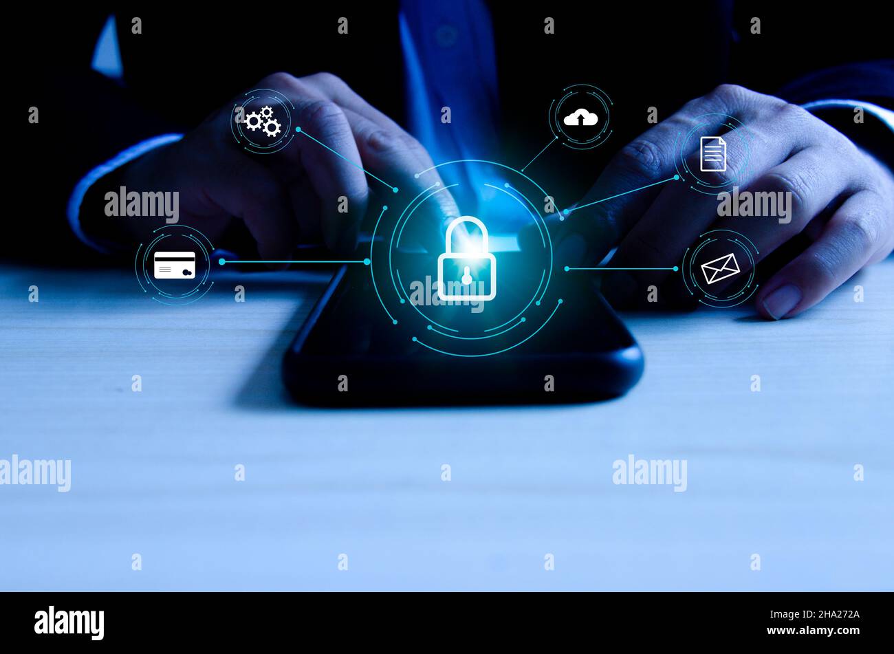 Man hand touching digital mobile phone virtual icon. Cyber security ...