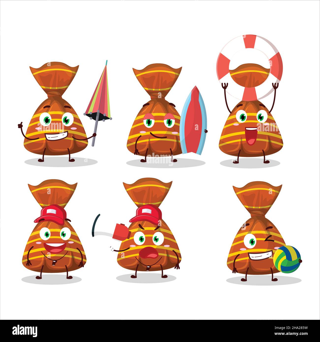 Happy Face orange candy wrappers cartoon character playing on a beach ...