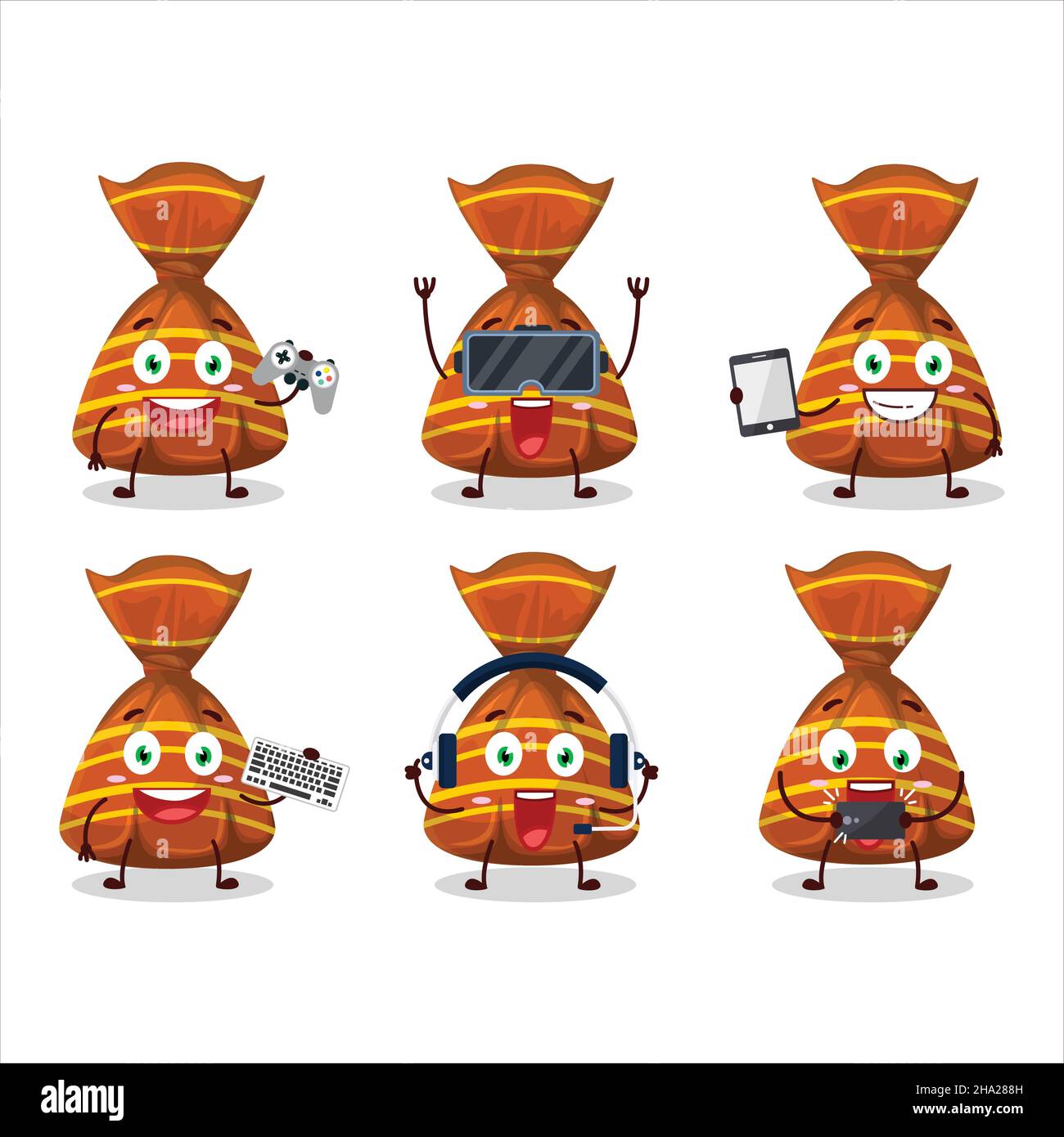 Orange candy wrappers cartoon character are playing games with various ...