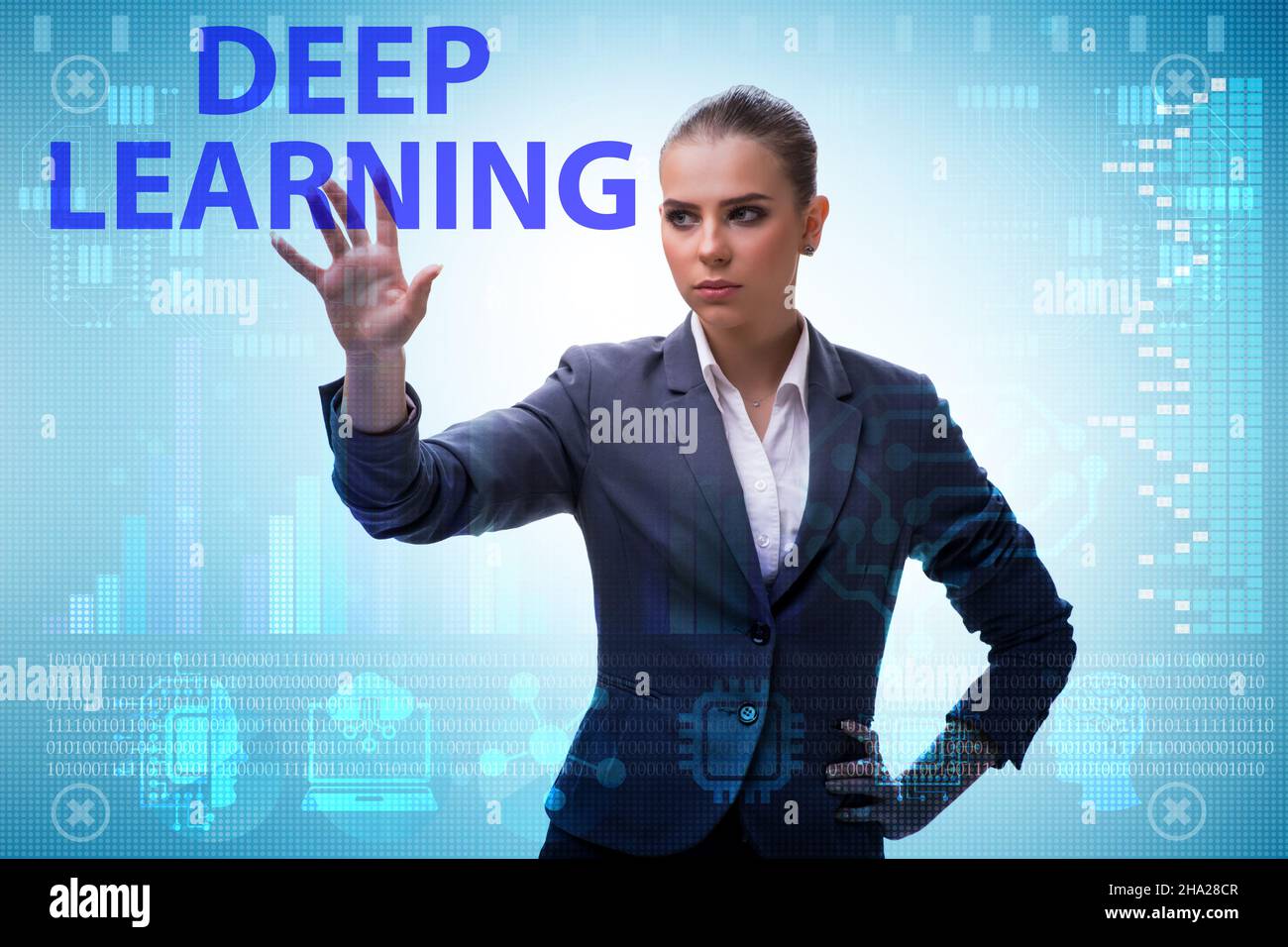Deep learning concept with the businessman pressing button Stock Photo ...