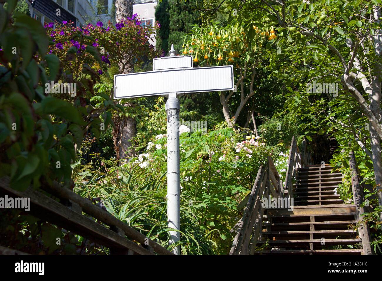 Blank street sign on secluded stairway entrance to secluded houses on ...