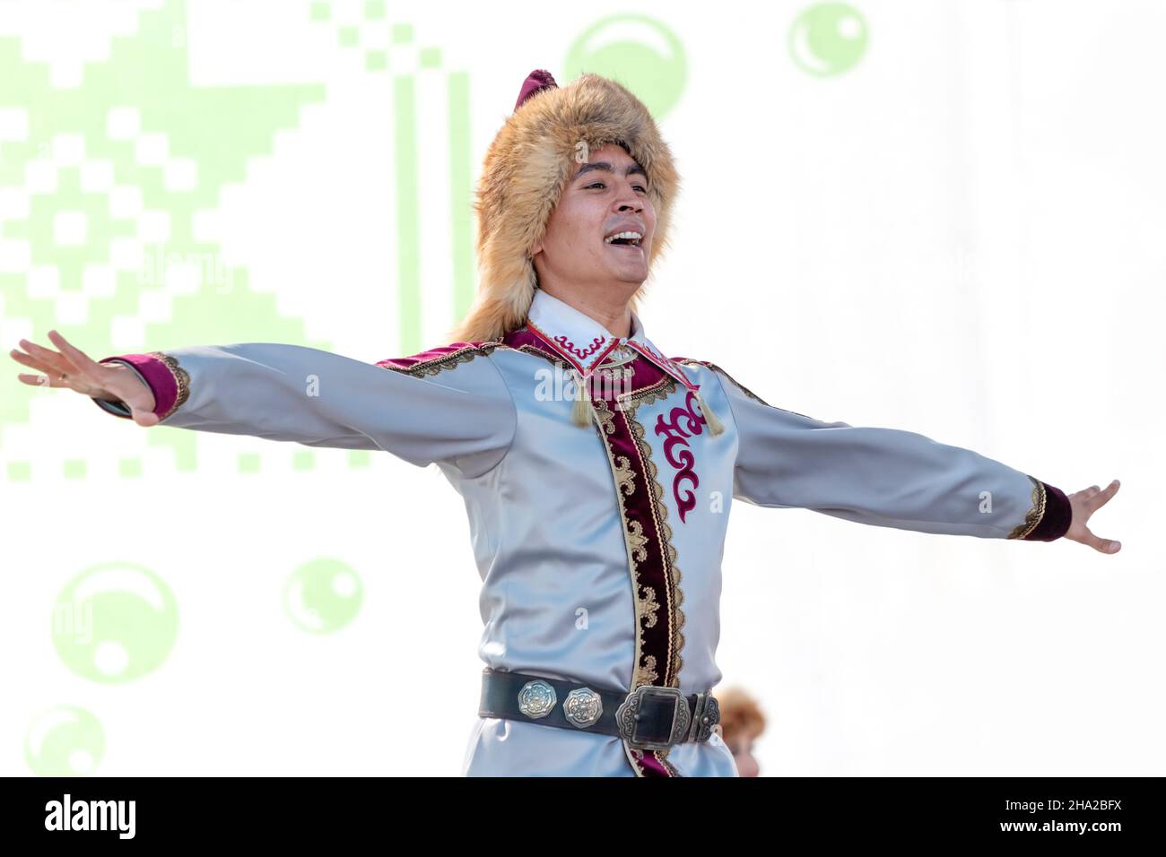 06 July 2021, Ufa, Bashkortostan, Russia: Men in national Bashkir ...