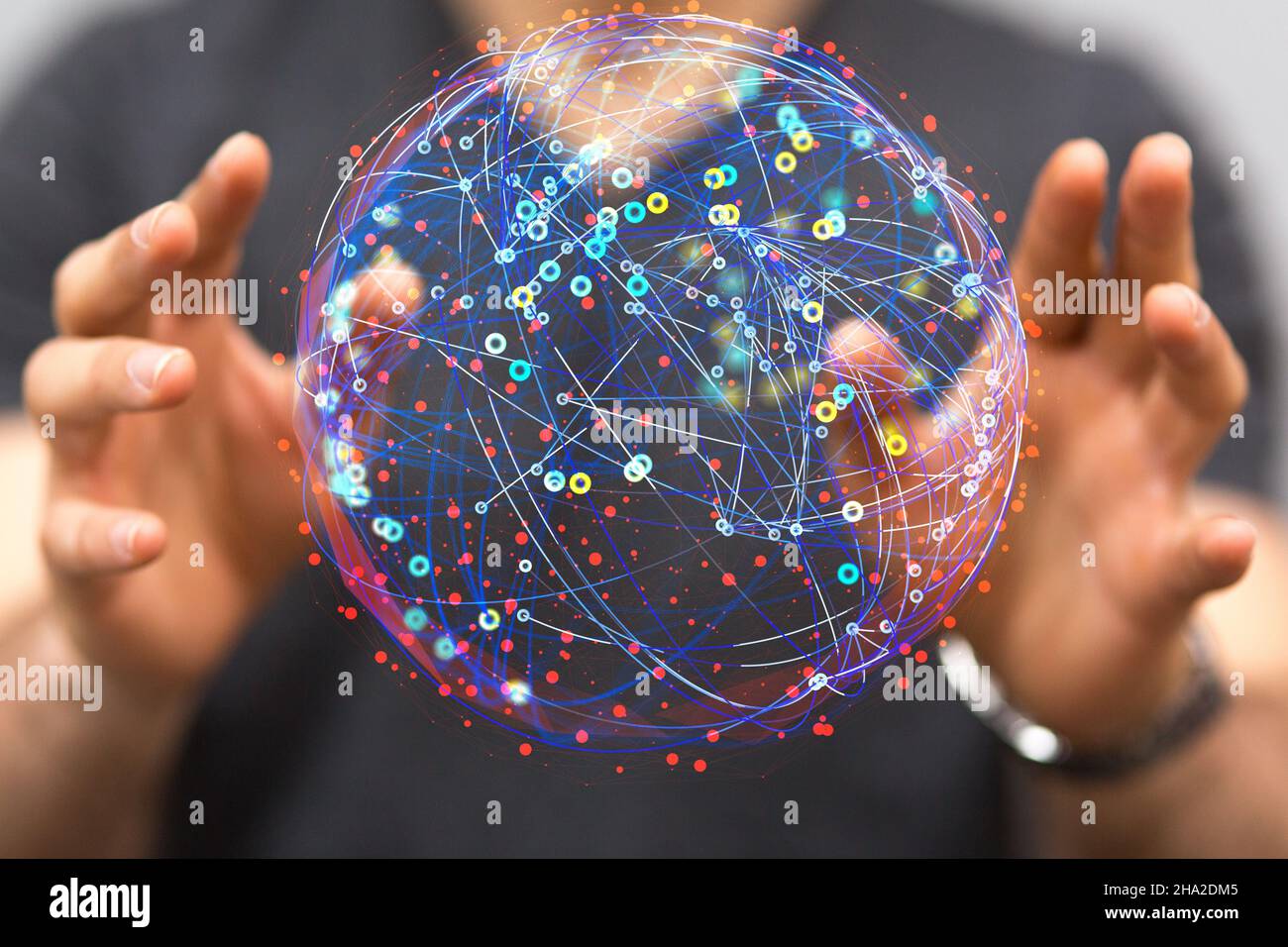 3D rendered network sphere in man's hands Stock Photo - Alamy