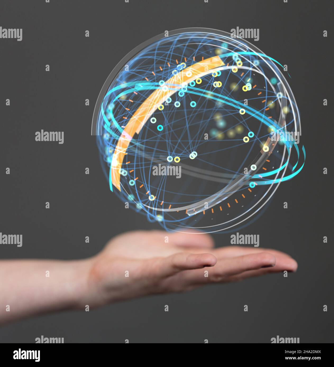 3D rendered network sphere in person's hand Stock Photo - Alamy