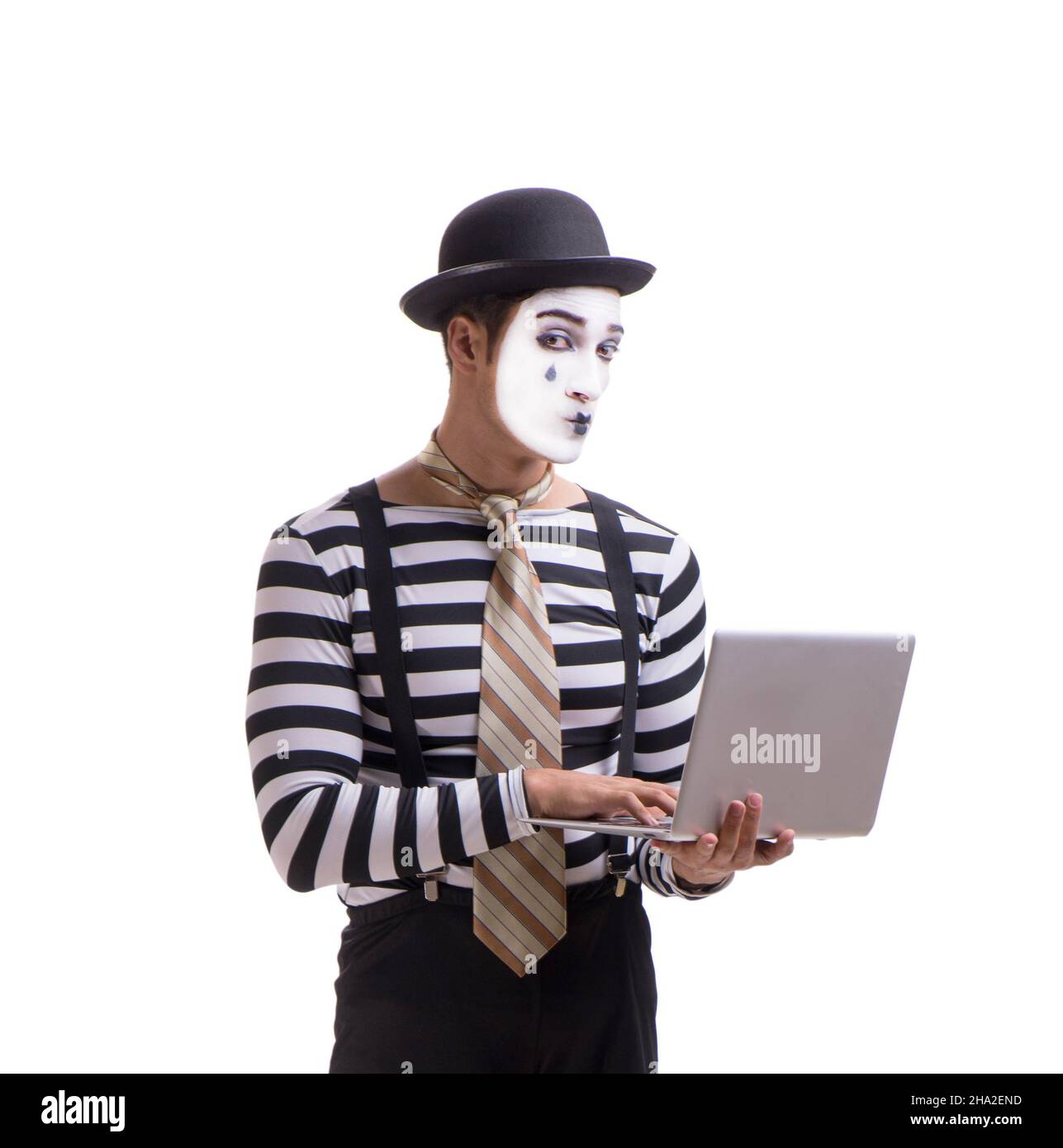 The mime with laptop isolated on white background Stock Photo - Alamy