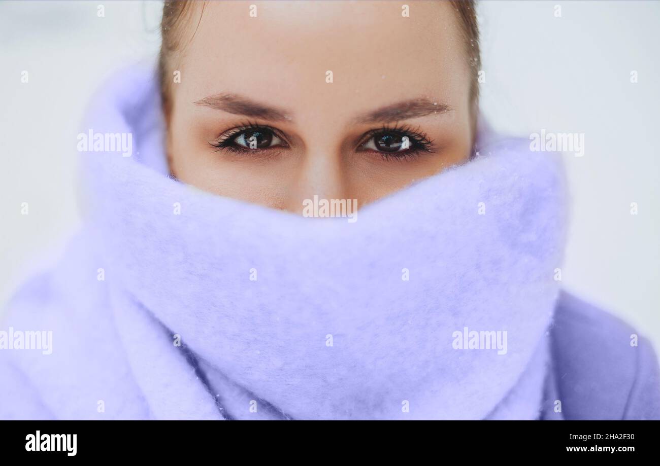 Closeup photo of beautiful brunette female with sharp look, half of ...