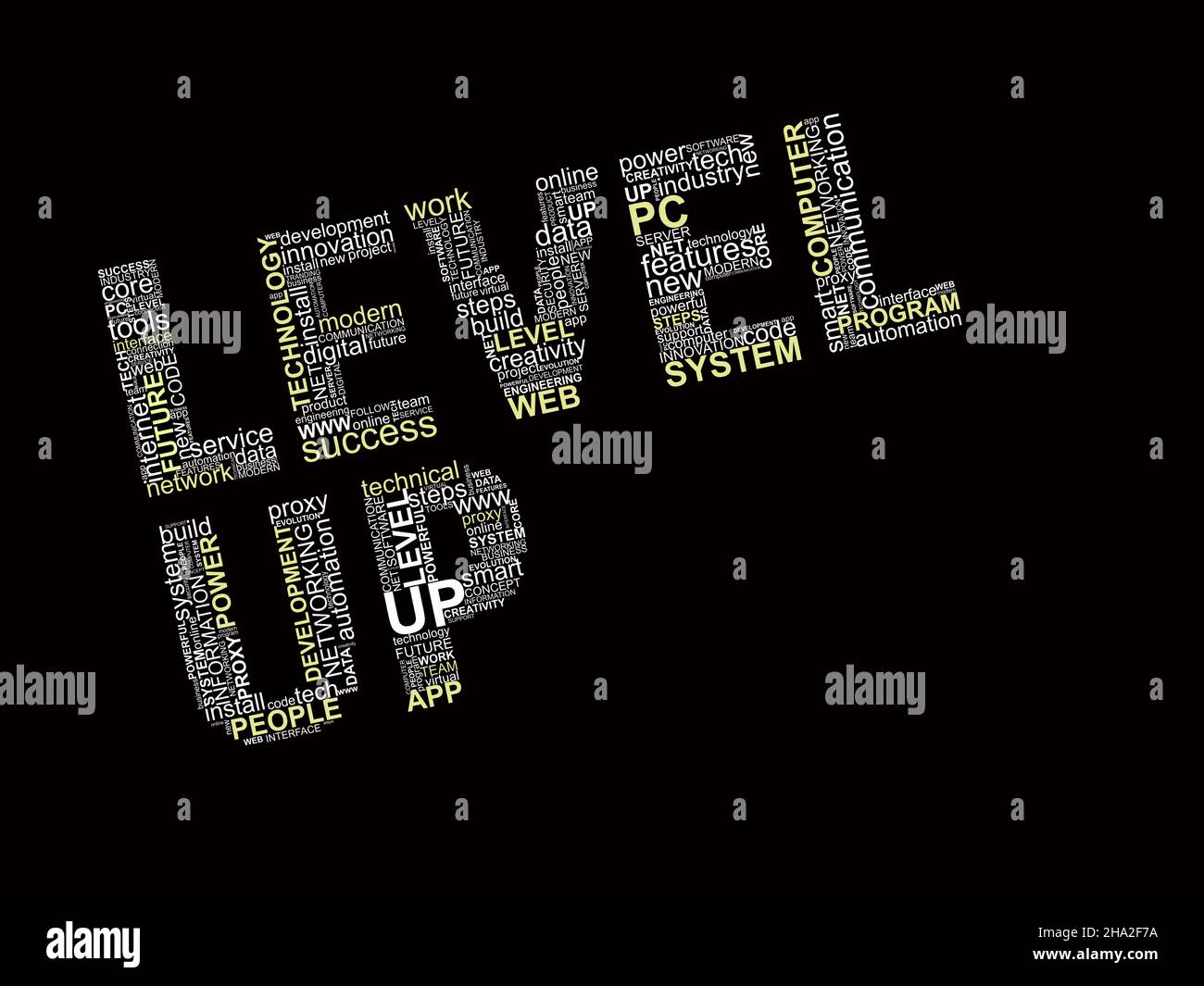 Words LEVEL UP with technology words inside. Concept with cloud words ...