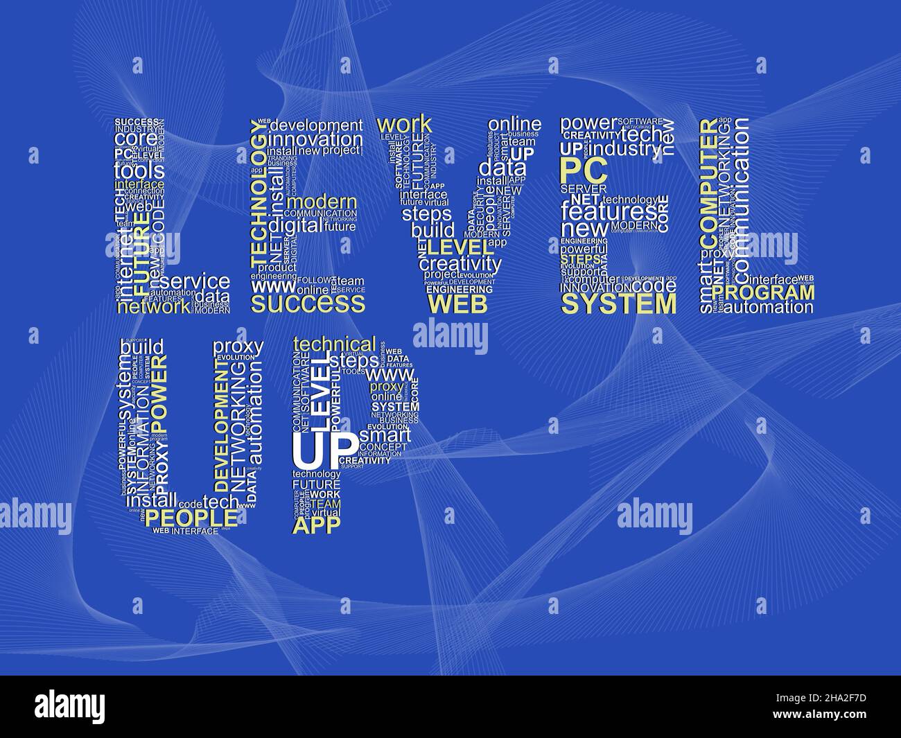 Words LEVEL UP with technology words inside. Concept with cloud words ...