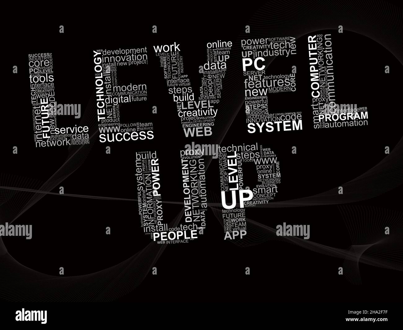 Words LEVEL UP with technology words inside. Concept with cloud words ...