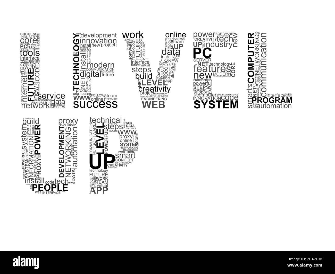 Black words LEVEL UP with technology words inside. Concept with cloud ...