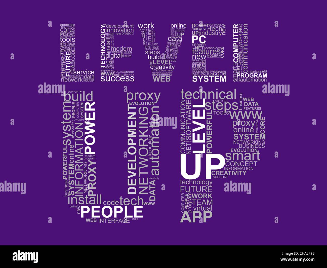 Words LEVEL UP with technology words inside. Concept with cloud words ...