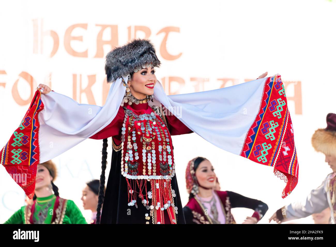 06 July 2021, Ufa, Russia: National Bashkir women dance in traditional ...