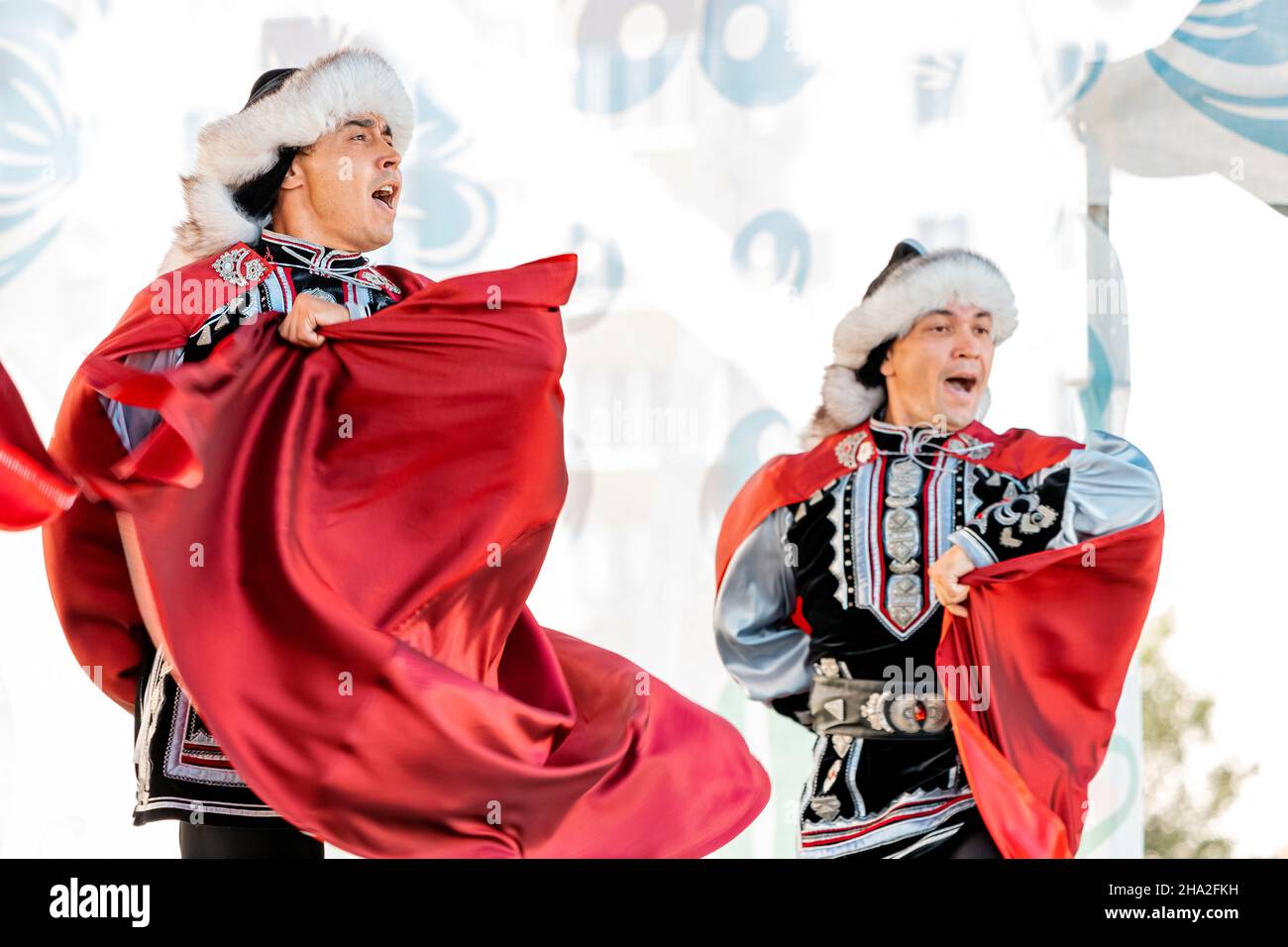 06 July 2021, Ufa, Bashkortostan, Russia: Men in national Bashkir ...
