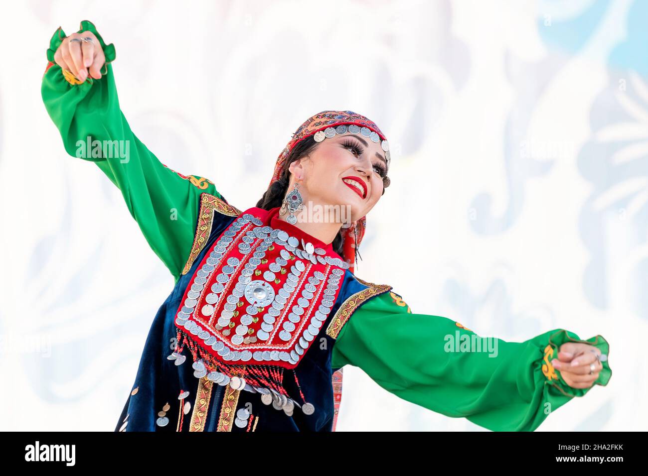 06 July 2021, Ufa, Russia: National Bashkir women dance in traditional ...