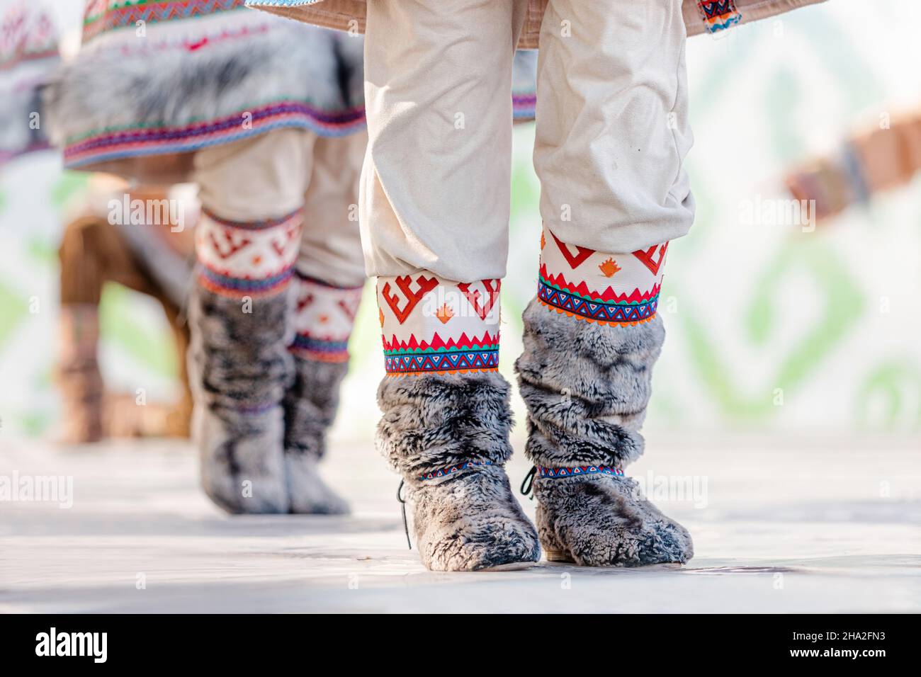 Traditional warm shoes of the indigenous peoples of the north. Boots ...