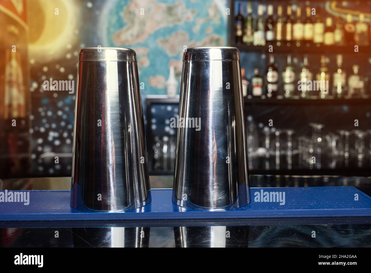 Two shakers bar tools for mixing liquids and preparing alcoholic ...