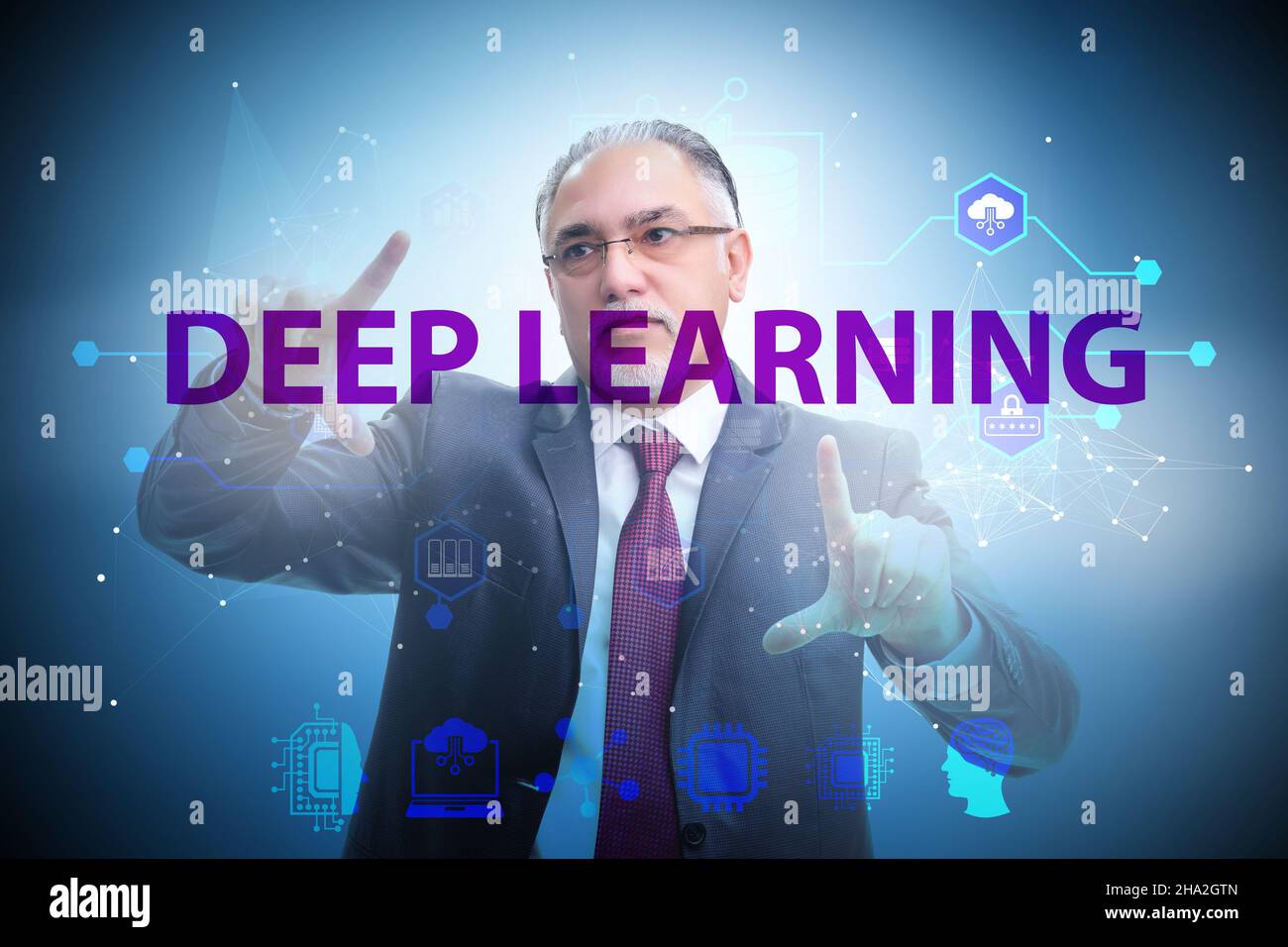 Deep learning concept with the businessman pressing button Stock Photo ...