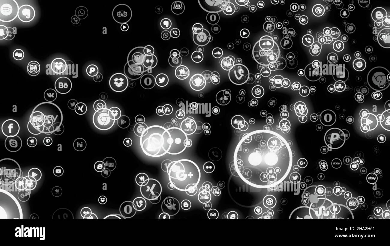 Monochrome animation of popular social network app icons floating on ...