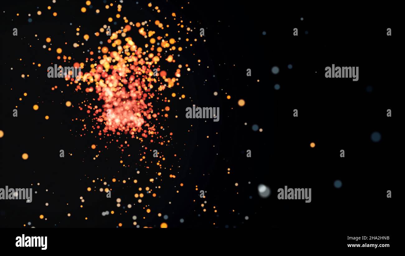 Transition of hot explosive particles. Abstract animation of flying ...