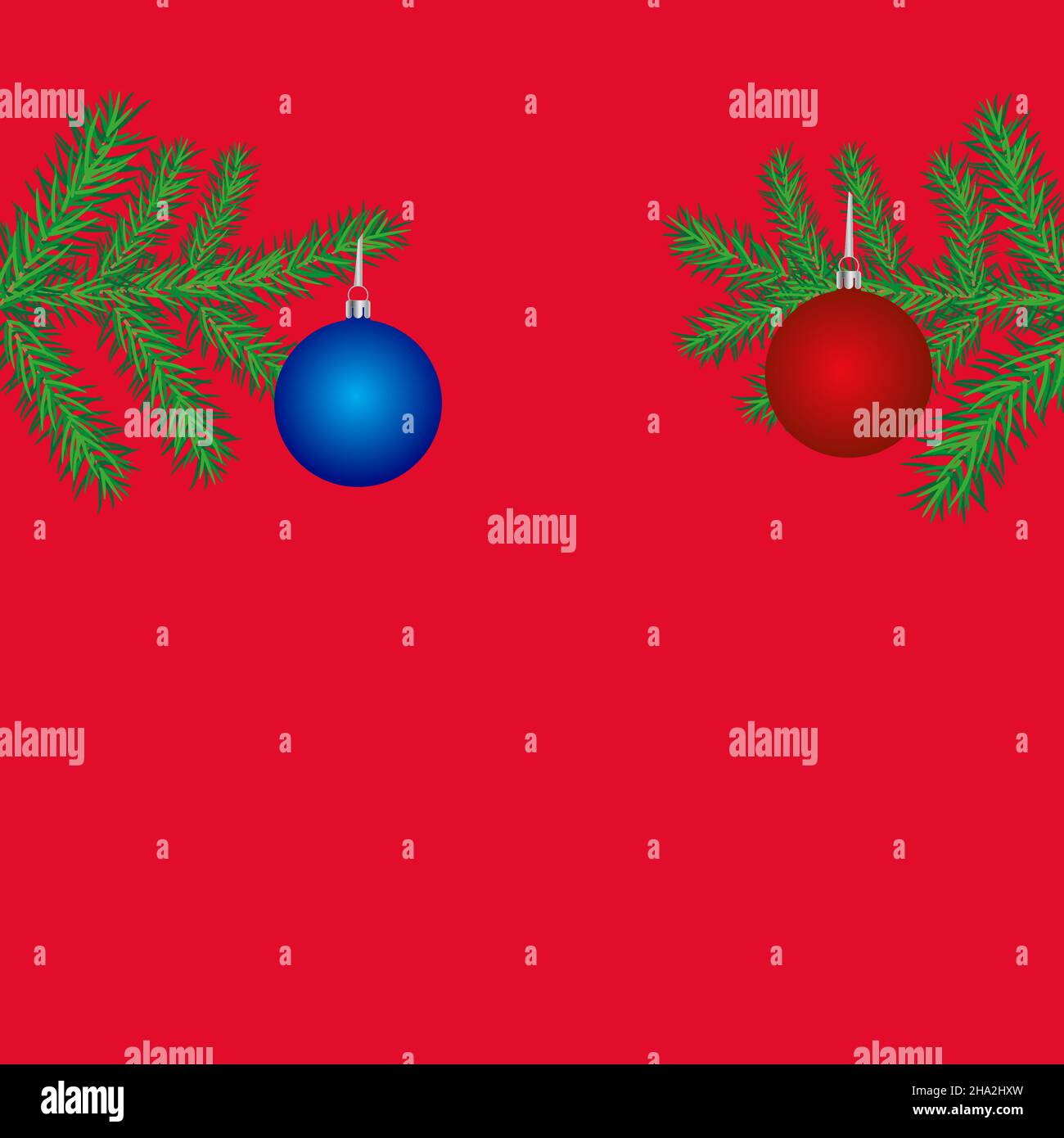 Red Christmas background with fir branches, red and blue balls ...