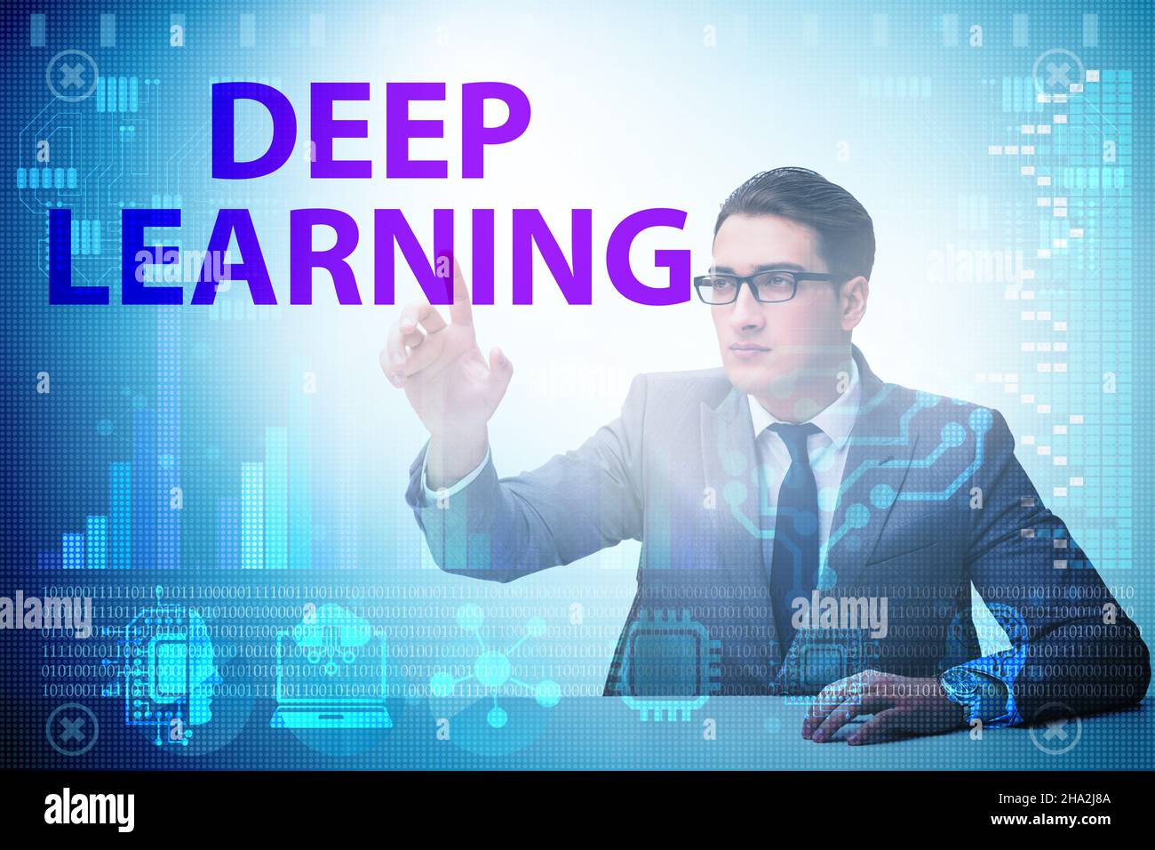 Deep learning concept with the businessman pressing button Stock Photo ...