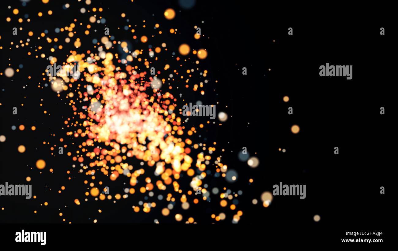 Transition of hot explosive particles. Abstract animation of flying ...