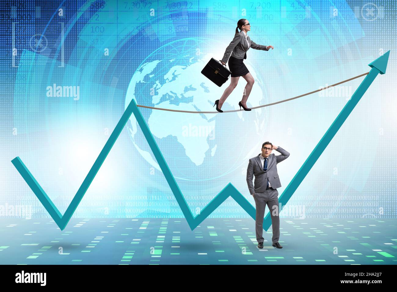 Businessman balancing on tightrope on the line chart Stock Photo - Alamy