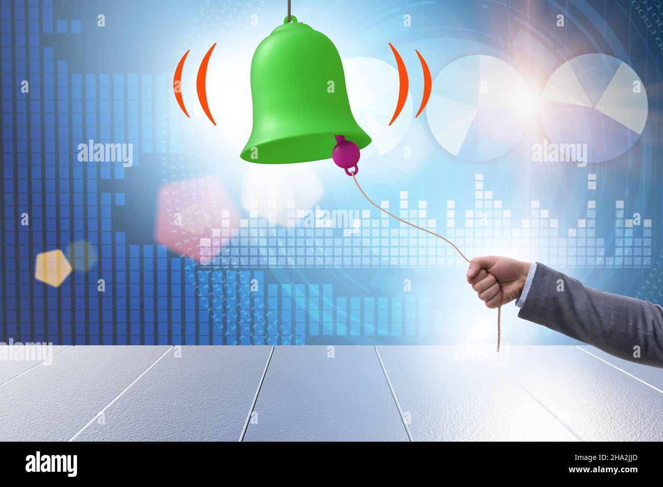 Businessman ringing the bell in case of the danger Stock Photo - Alamy