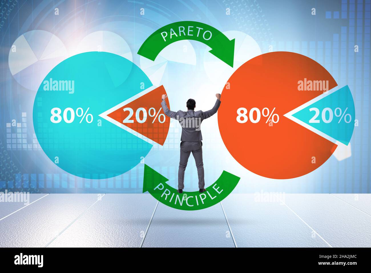 Businessman in the pareto rule illustration Stock Photo - Alamy