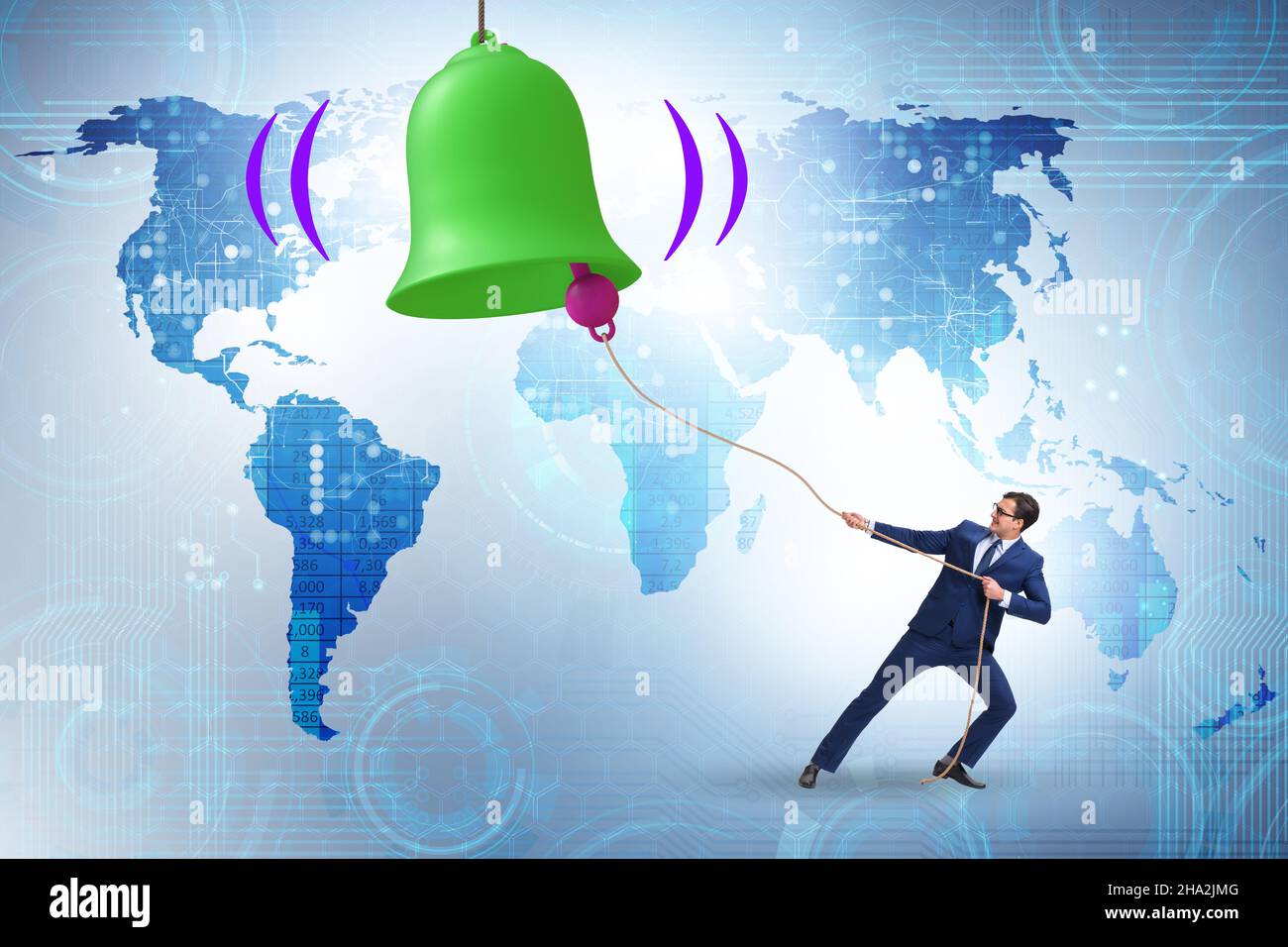 Businessman ringing the bell in case of the danger Stock Photo - Alamy