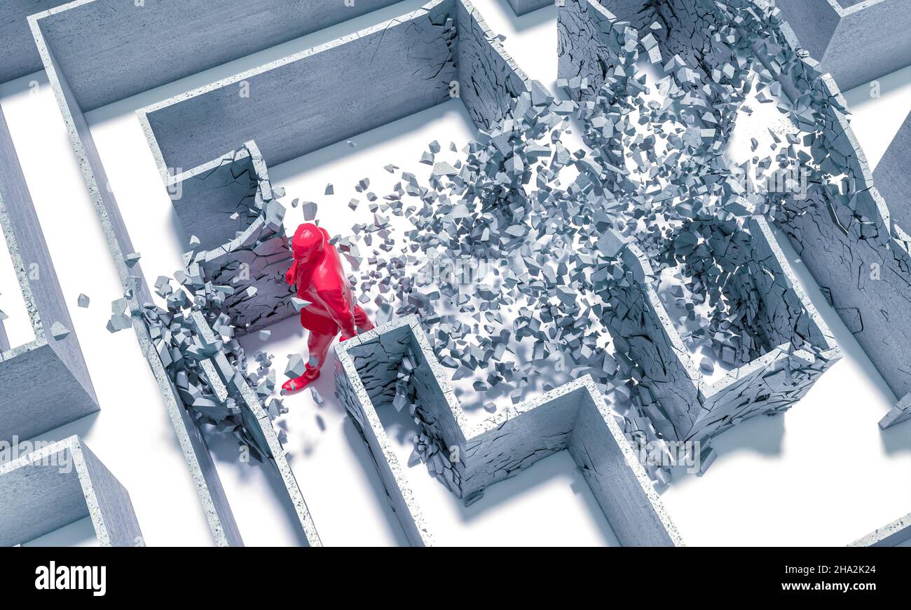 man goes through the walls of a maze to make his way. 3d render models ...
