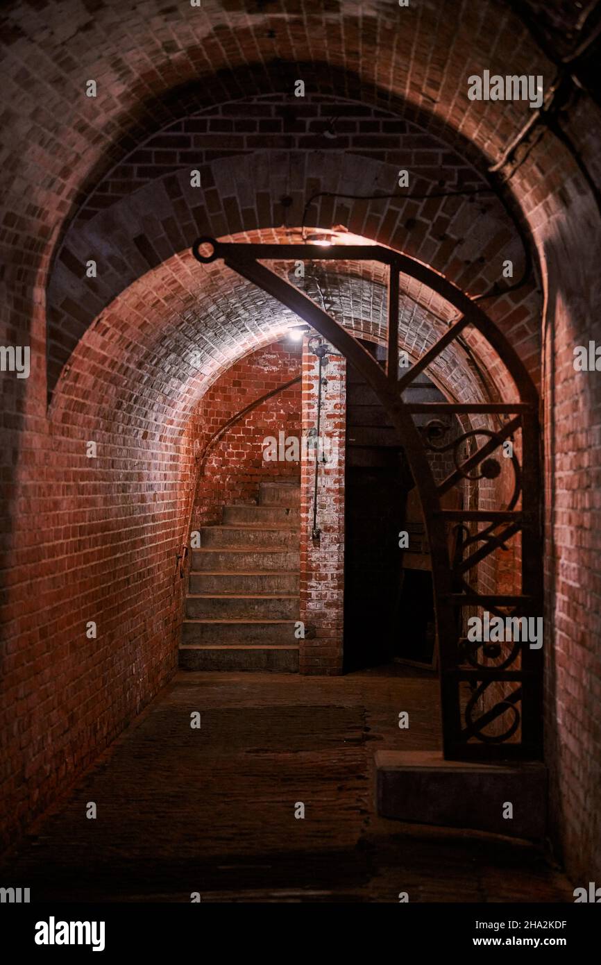 Old brick loft wall in secret military basement. Old wine vault ...