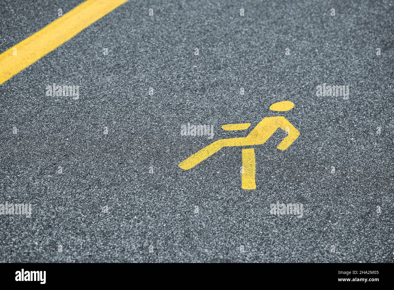 Yellow pedestrian sign on sidewalk, safe road traffic near highway ...