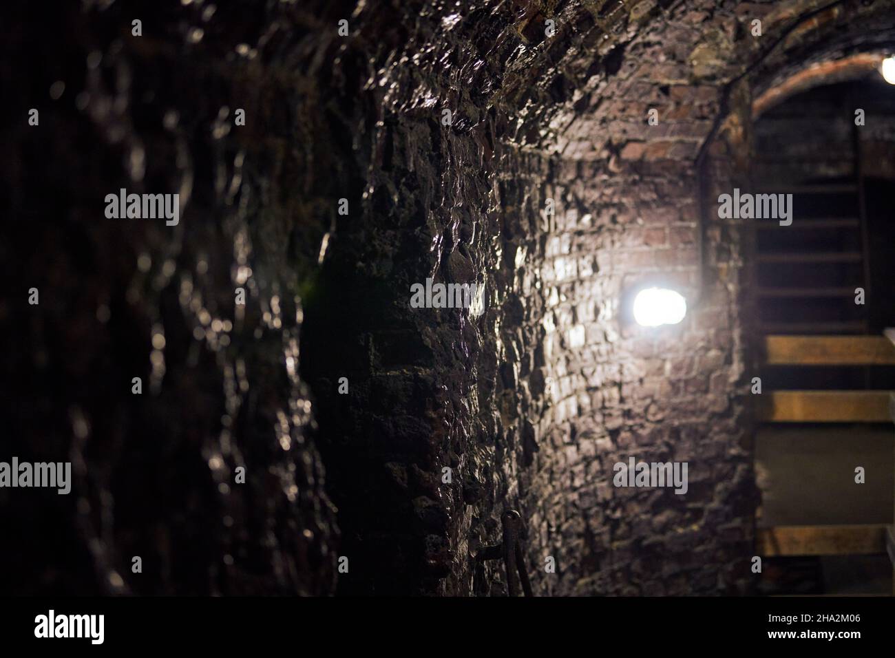 Old brick loft wall in secret military basement. Old wine vault ...