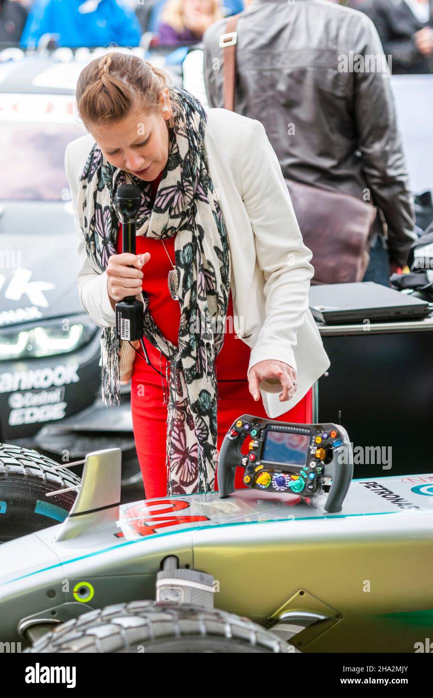 Jennie Gow, TV and radio motorsport reporter, working at the Goodwood ...