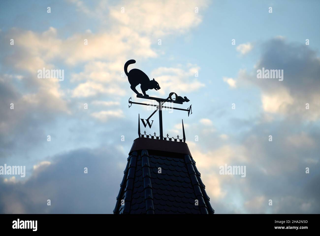 Weather vane on house roof in shape of cat catching mouse, blue sky ...