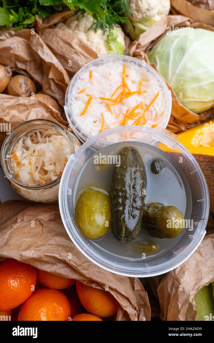 Homemade fermented in glass jars, pickled food from healthy vegetables ...