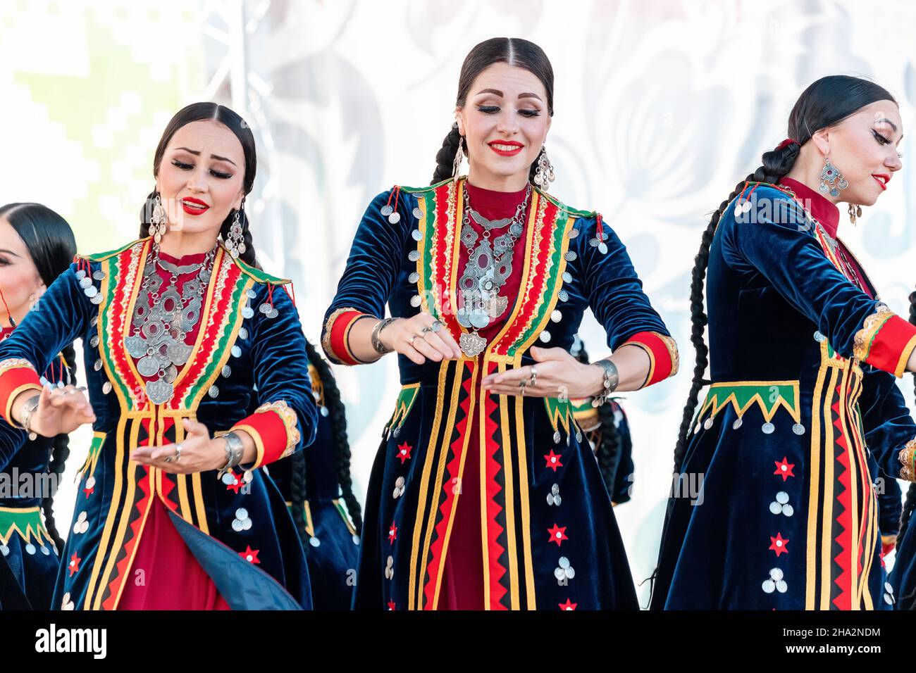 06 July 2021, Ufa, Russia: National Bashkir women dance in traditional ...