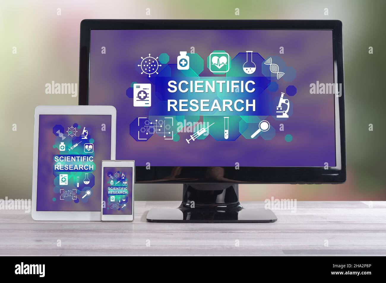 Scientific research concept shown on different information technology ...