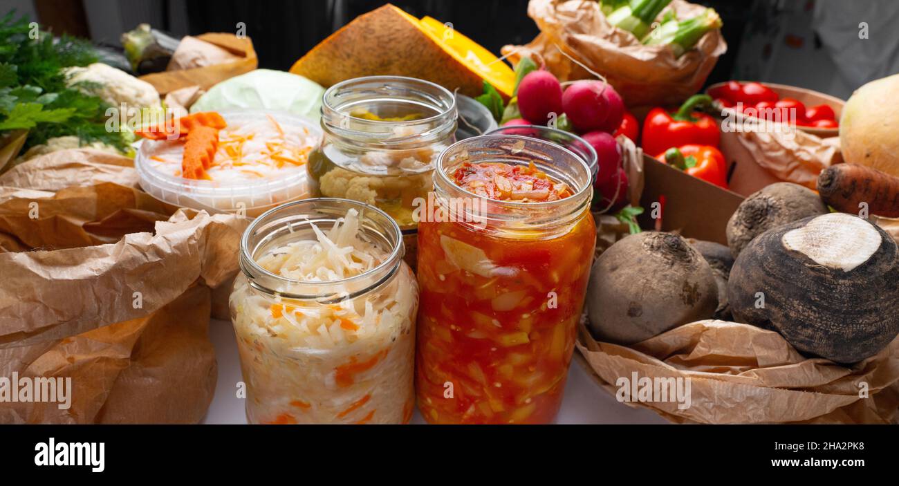 Homemade fermented in glass and plastic jars, pickled healthy ...