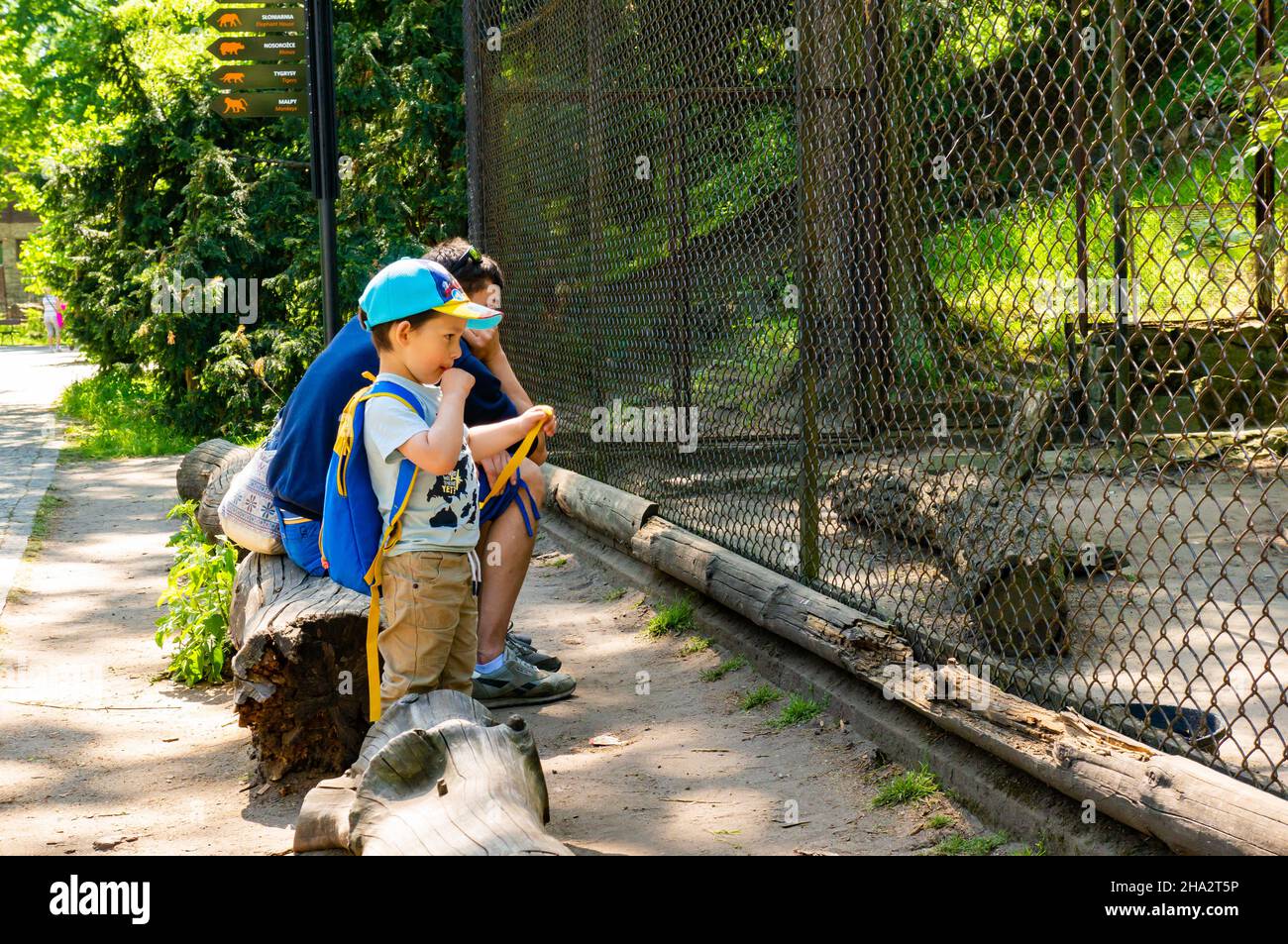 WROCLAW, POLAND - May 06, 2018: A boy and man watching animals behind a ...