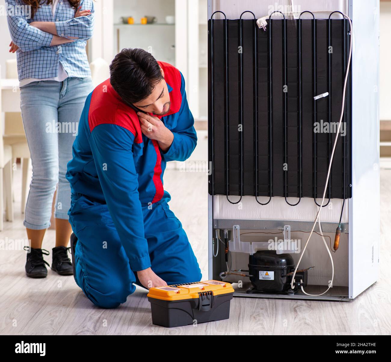 The man repairing fridge with customer Stock Photo - Alamy