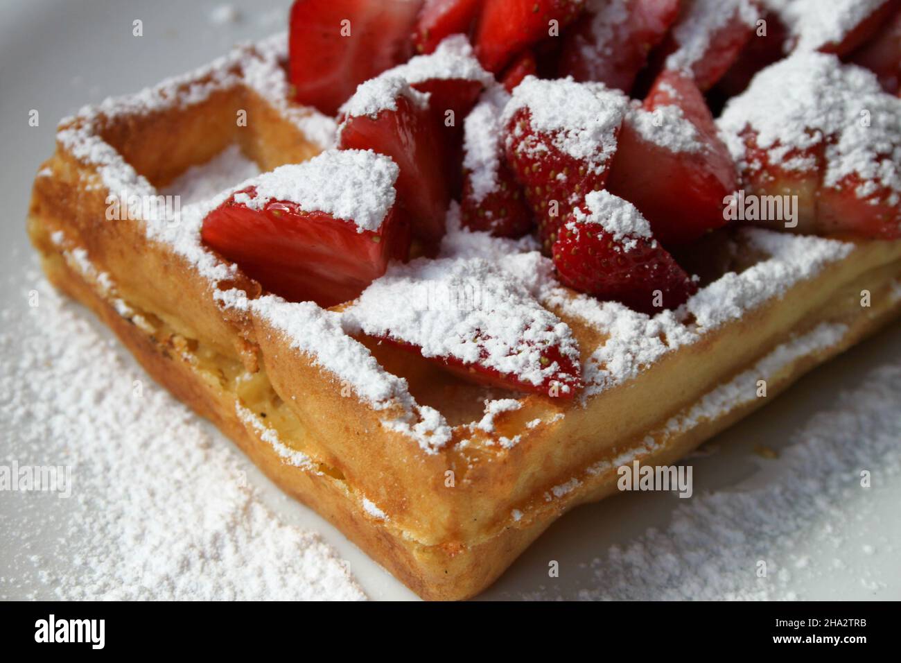 Belgian waffle with strawberries and powdered sugar Stock Photo - Alamy