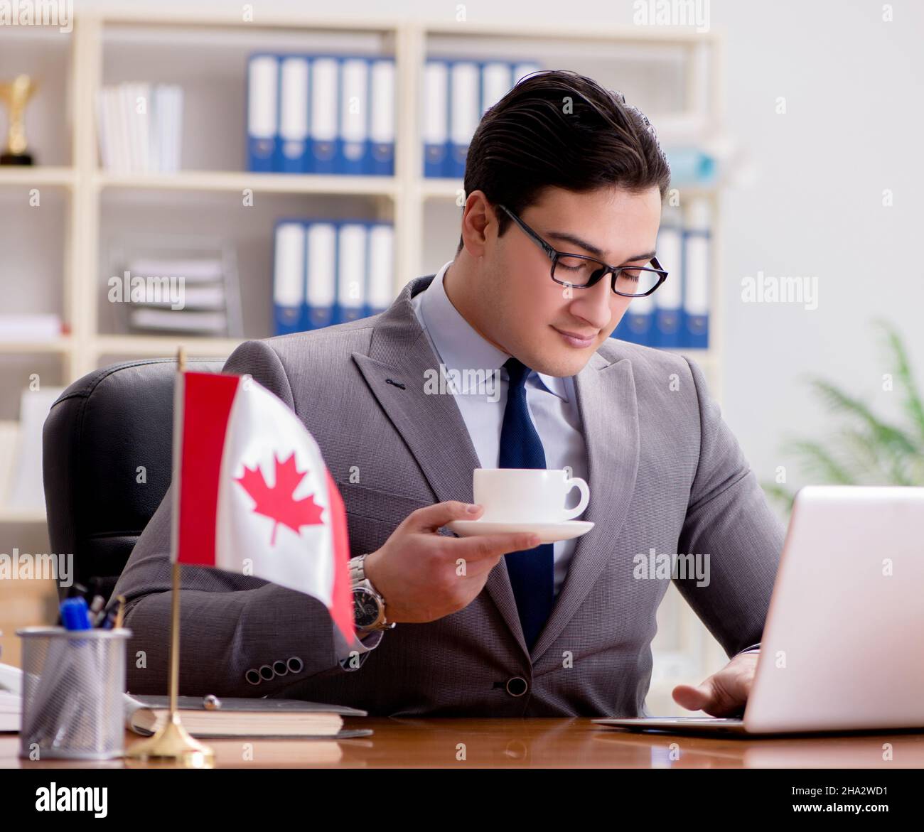 The businessman with canadian flag in office Stock Photo - Alamy